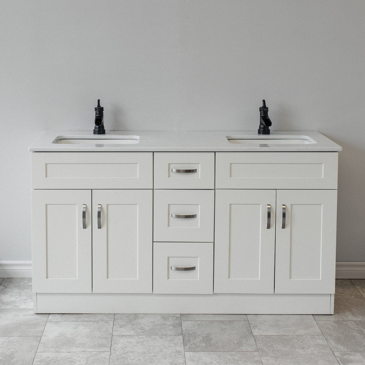 *Floor Model* 60" Shaker Vanity Double in White – Gus's Kitchen and Bath